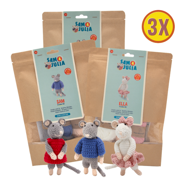 Lot de crochet complet – Sam, Julia & Ella – 3 souris de 12 cm – Kits de crochet Maison des ...